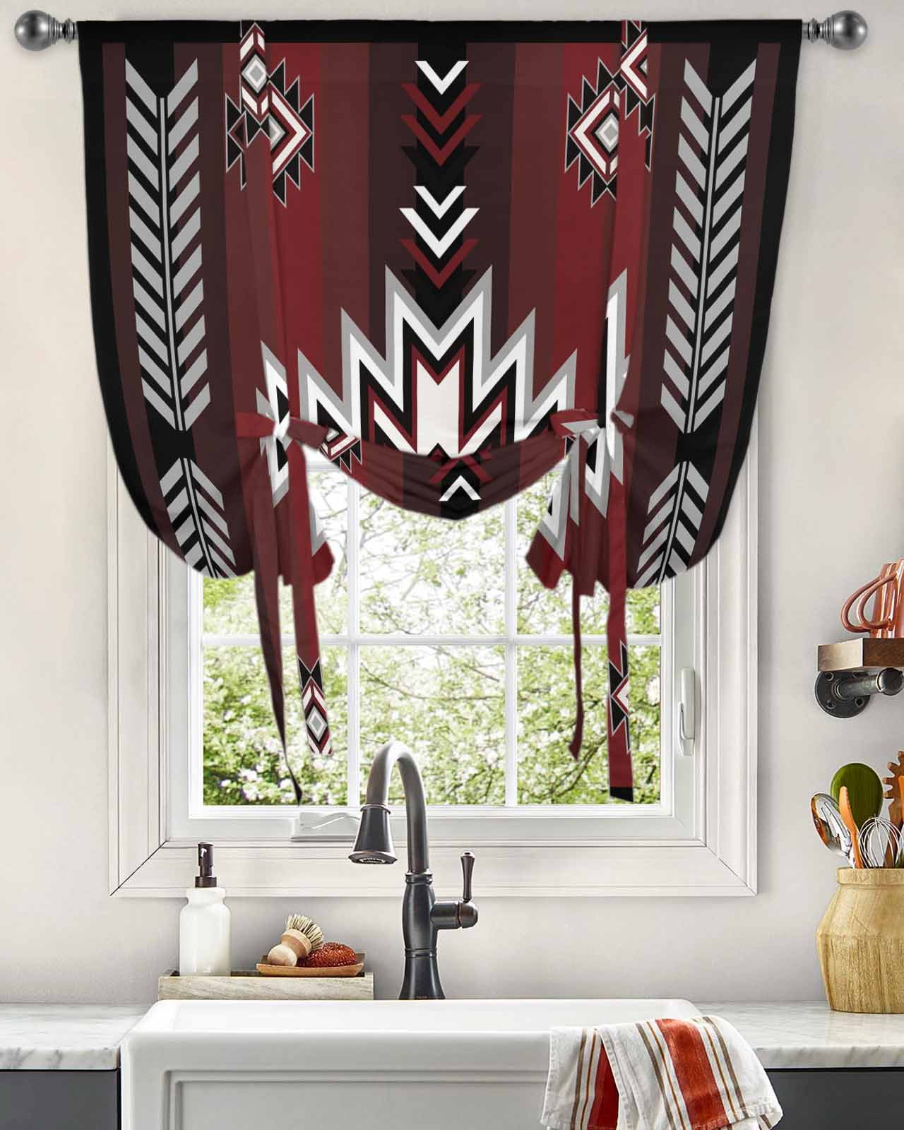 Bohemian Aztec Rural Farmhouse Black Red Window Curtains Tie Up ...