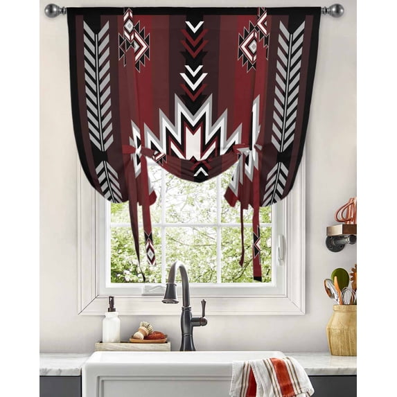 Bohemian Aztec Rural Farmhouse Black Red Window Curtains Tie Up ...