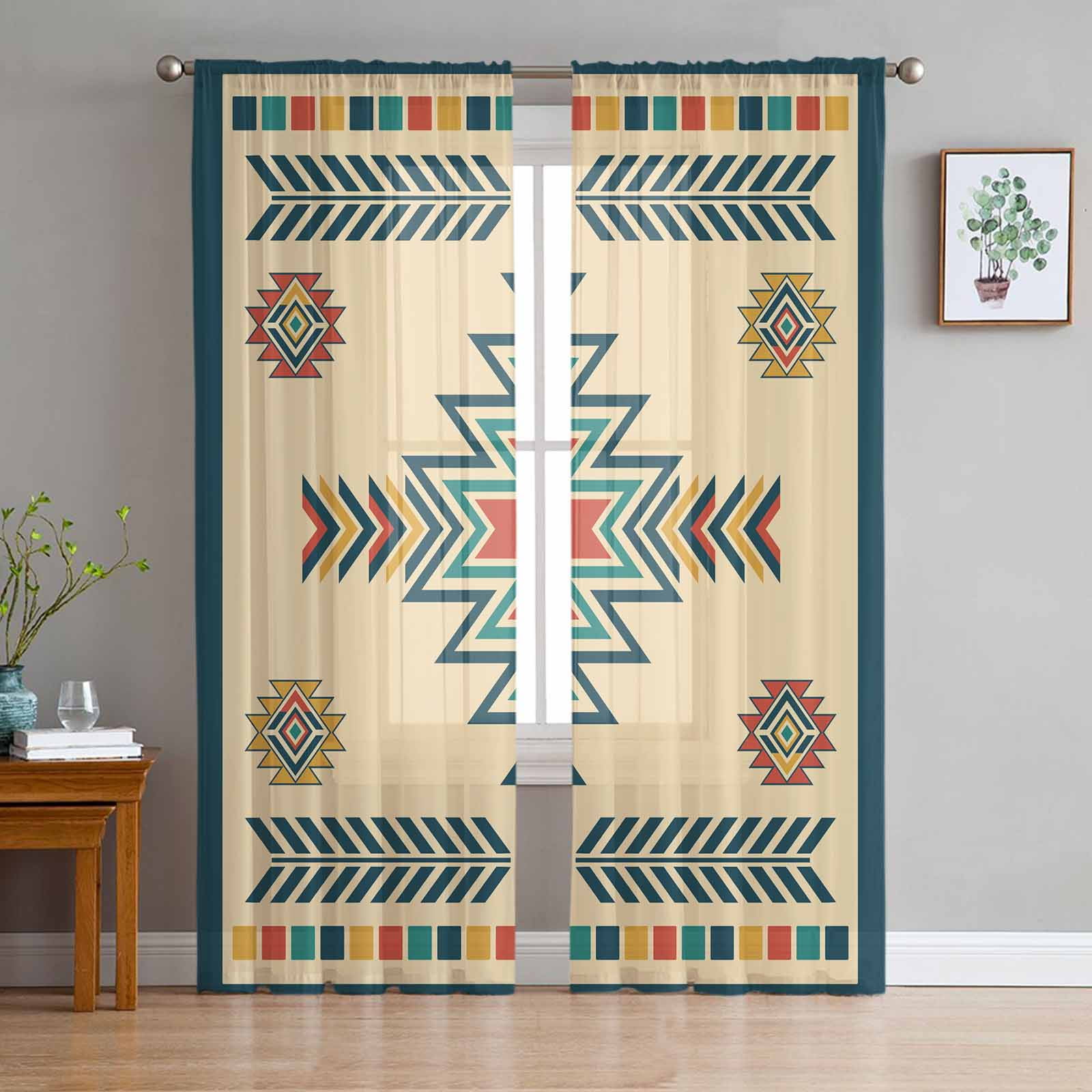 Bohemian Aztec Rural Farmhouse Blue Sheer Curtains for Living Room ...