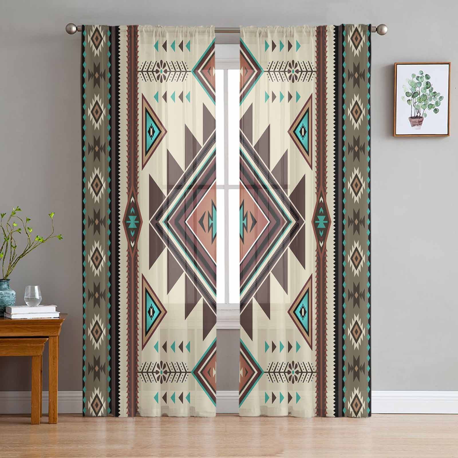 Bohemian Aztec Rural Farmhouse Blue Sheer Curtains for Living Room ...