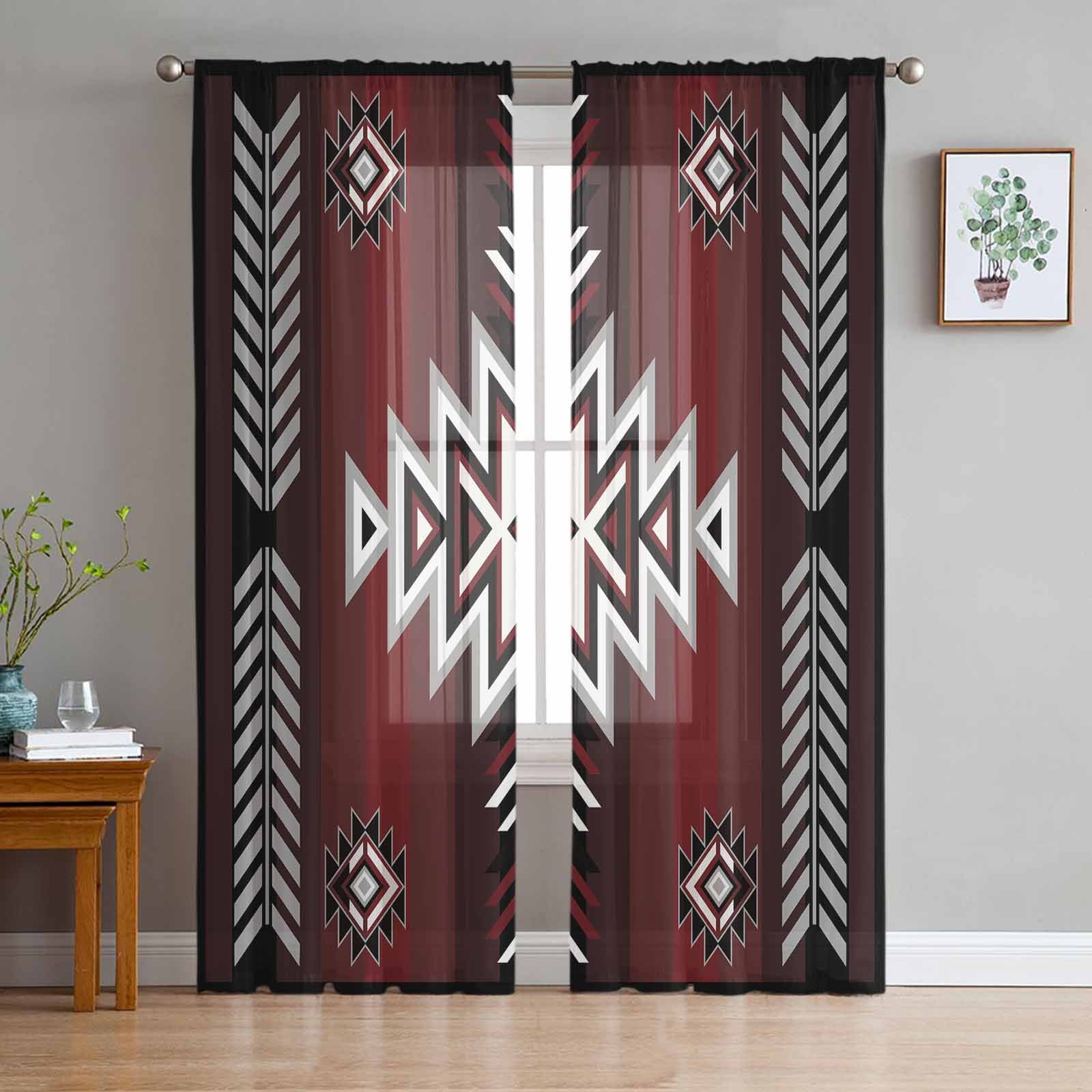 Bohemian Aztec Rural Farmhouse Blue Sheer Curtains for Living Room ...