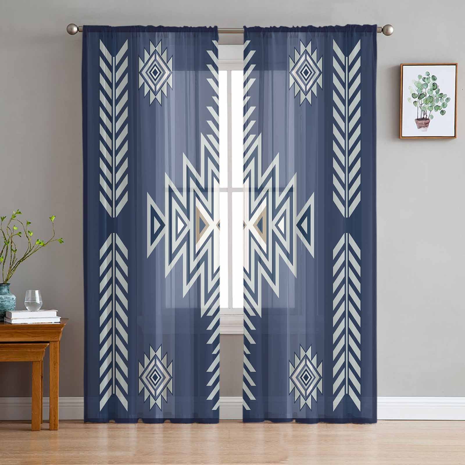 Bohemian Aztec Rural Farmhouse Blue Sheer Curtains for Living Room ...