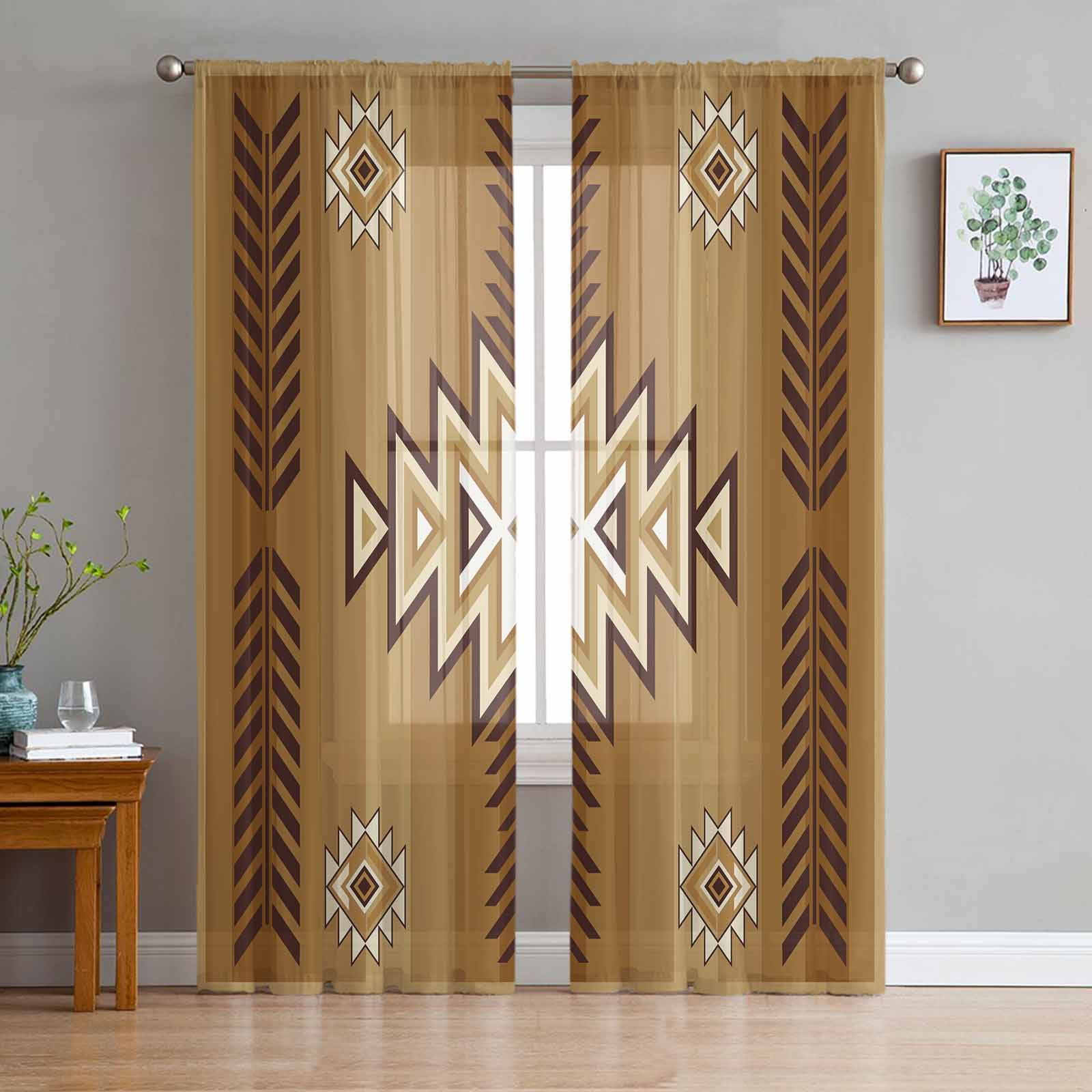 Bohemian Aztec Rural Farmhouse Brown Sheer Curtains for Living Room ...