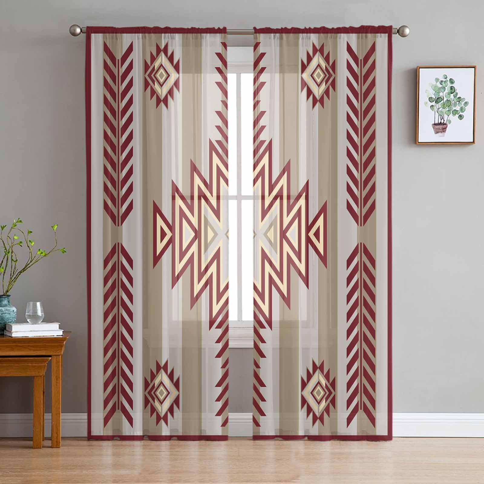 Bohemian Aztec Rural Farmhouse Red Sheer Curtains for Living Room ...