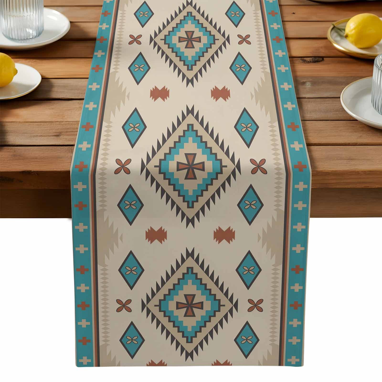 Bohemian Aztec Table Runner, Teal Geometric Boho Vintage Flowers ...