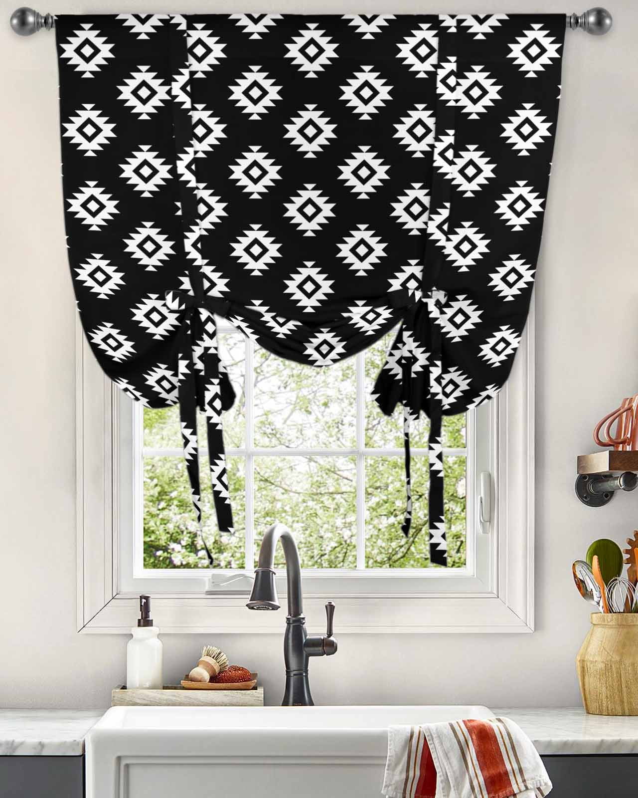 Bohemian Aztec Texture Black Window Curtains Tie Up Curtains for ...