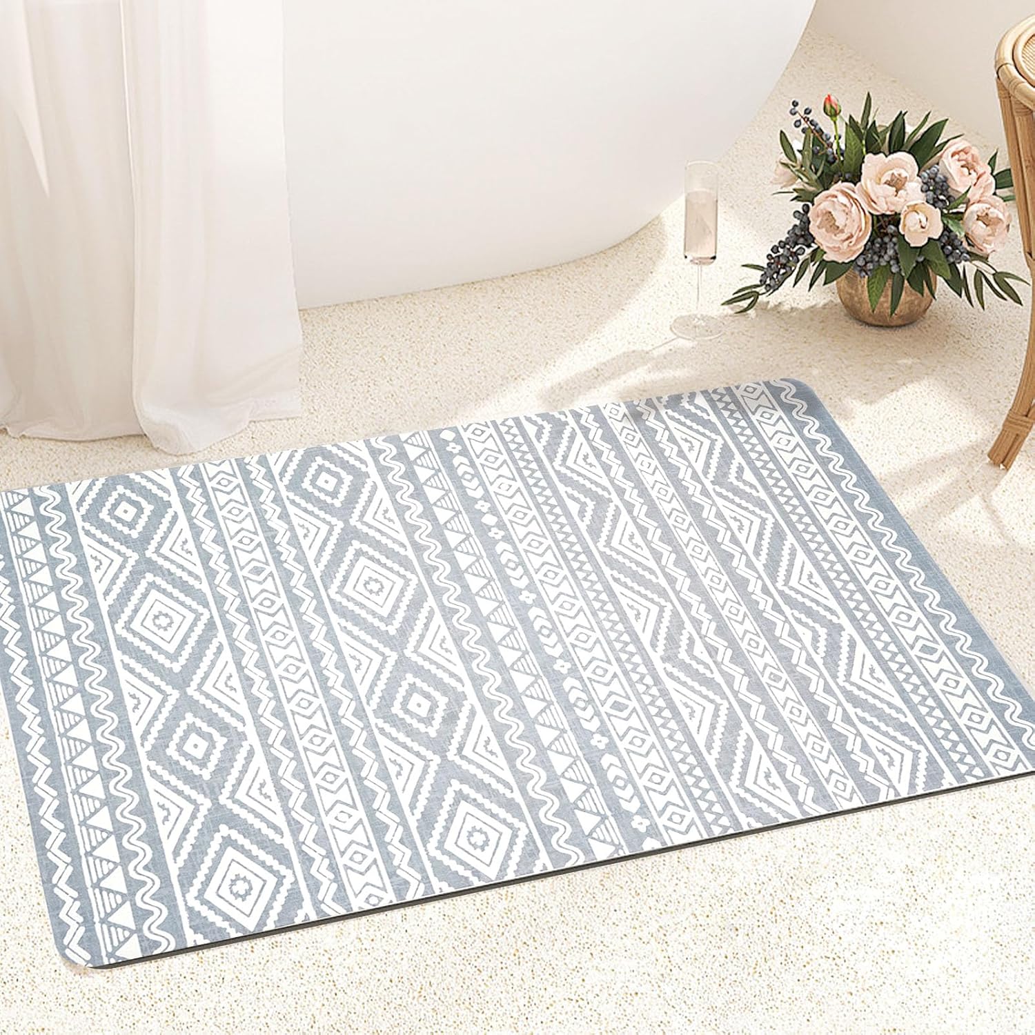 Bohemian Bath Mat 20"x32" Aqua Blue & White Soft Boho NonSlip Quick Dry ...