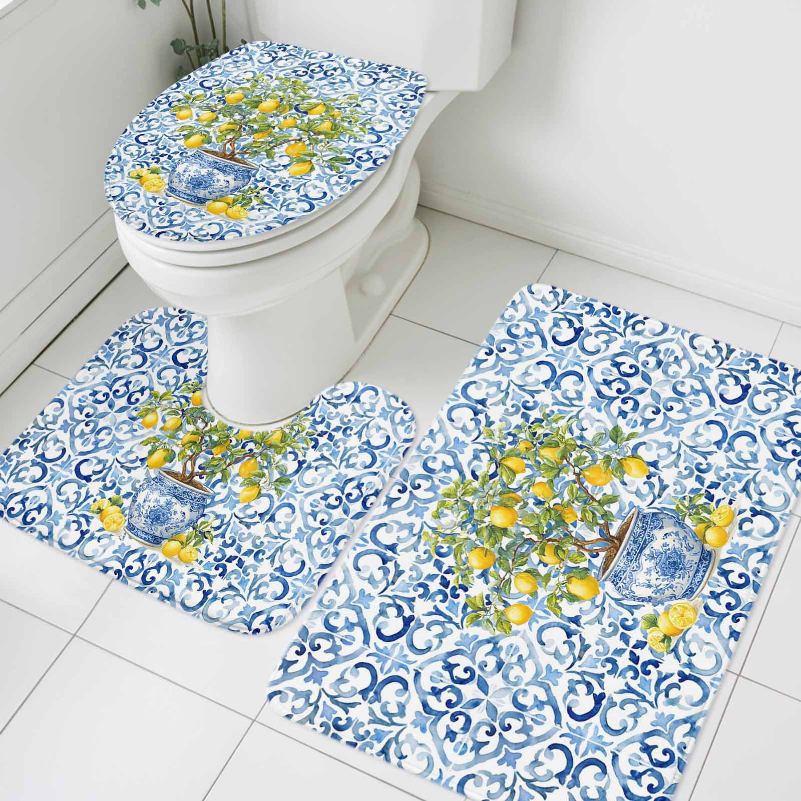 Bohemian Bathroom Rugs Set Bohe Flowers Texture Summer Lemon Fruit ...