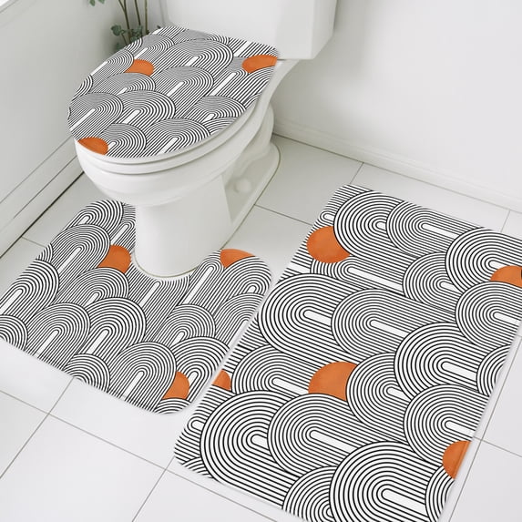 Bohemian Bathroom Rugs Set Modern Abstract Boho Orange Round Black ...