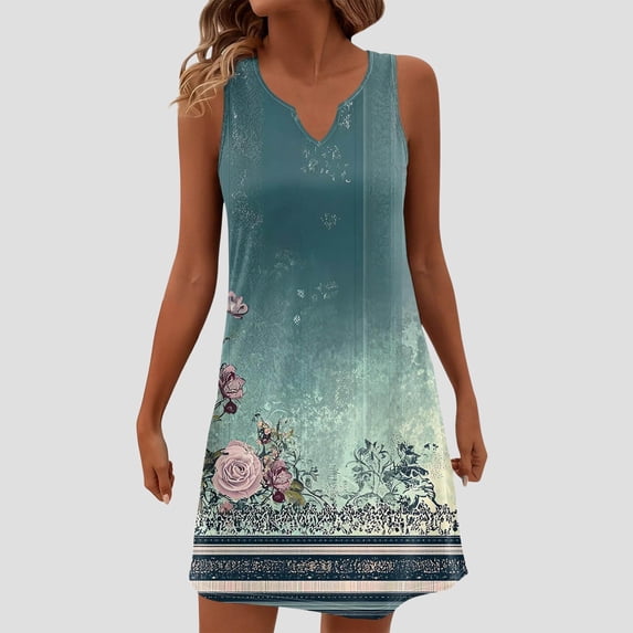 Bohemian Beach Dress Sleeveless Floral Print Kimono-Free V-Neck Casual ...