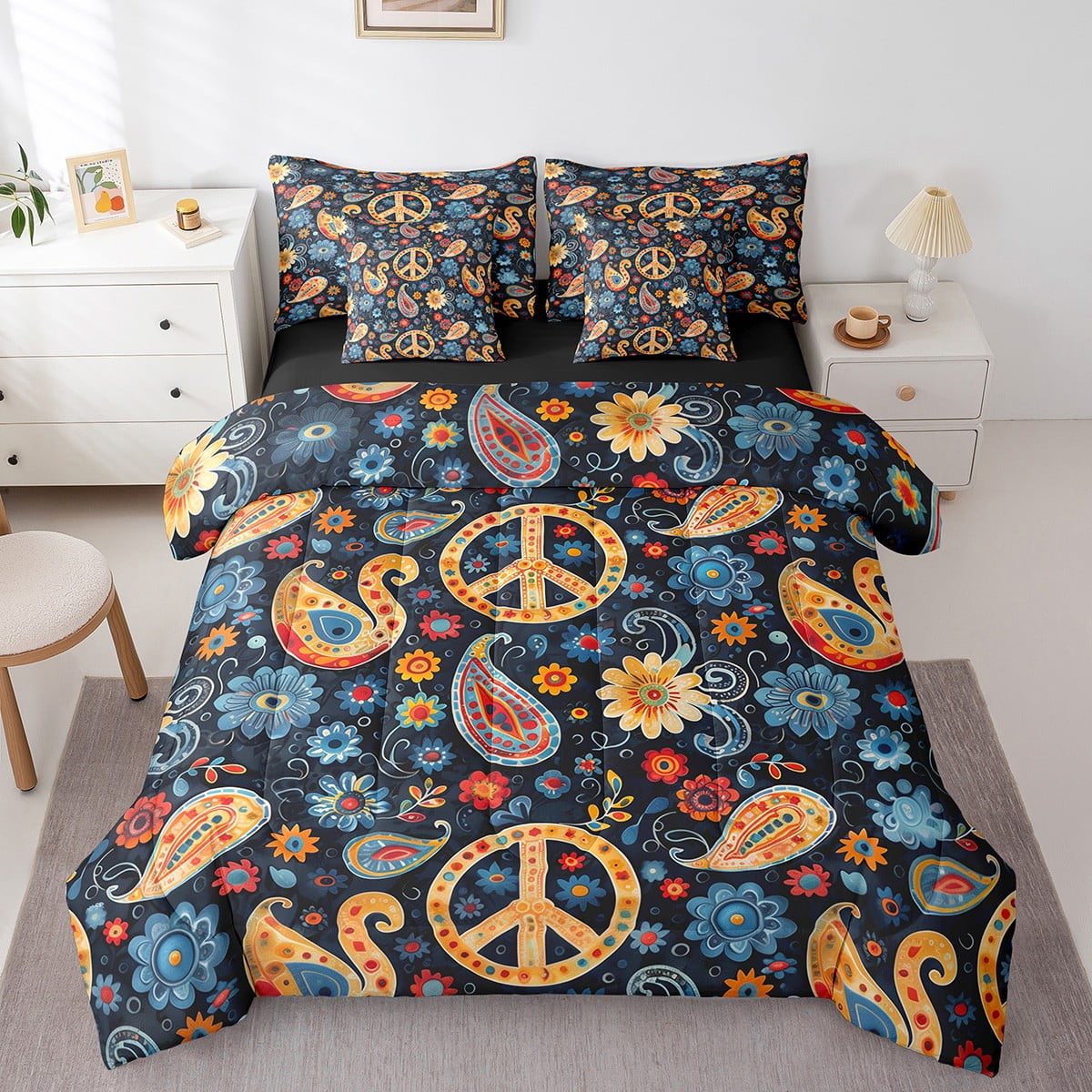Bohemian Bed In A Bag Peace Sign Extoic Bedding Set,Hoho Hippie Artwork ...