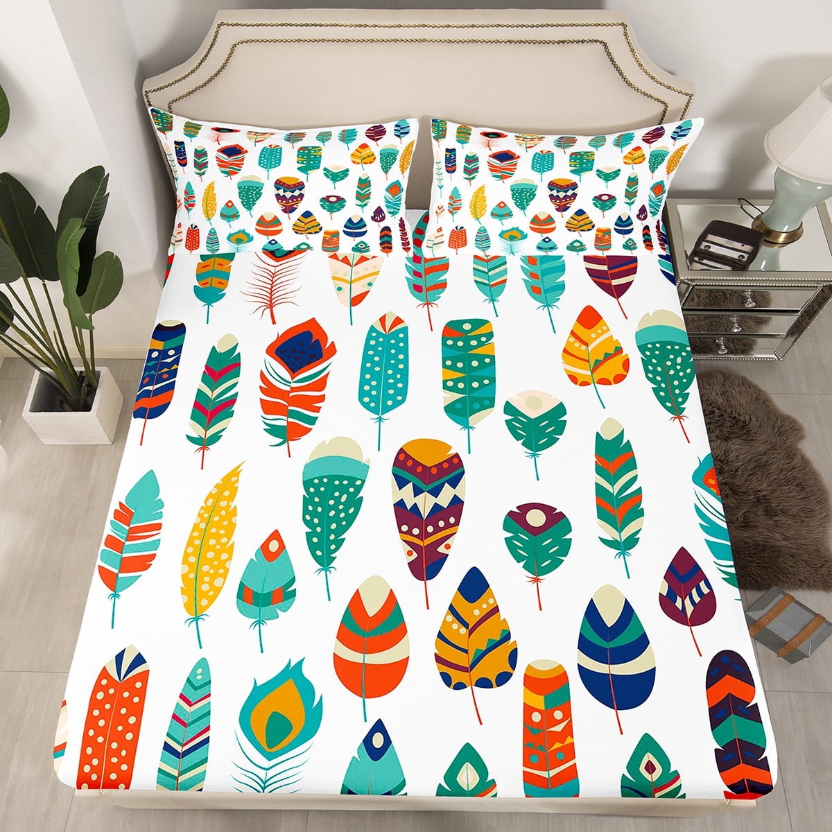 Bohemian Bed Sheets Feather Bedding Set,Watercolor Boho Decor African ...