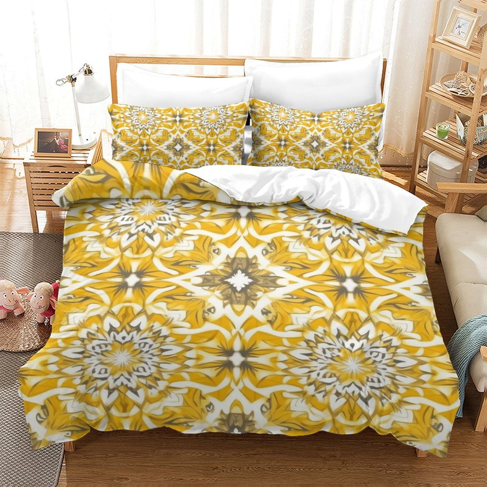 Bohemian Bedding Set Yellow and Pink Abstract Flower Printed Duvet ...