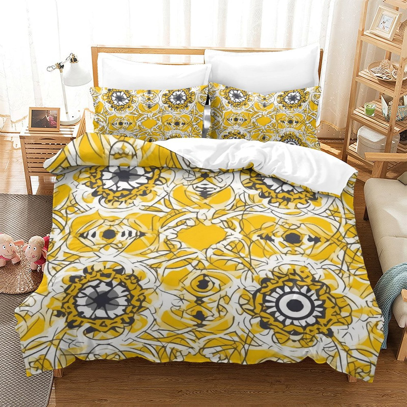 Bohemian Bedding Set Yellow and Pink Abstract Flower Printed Duvet ...