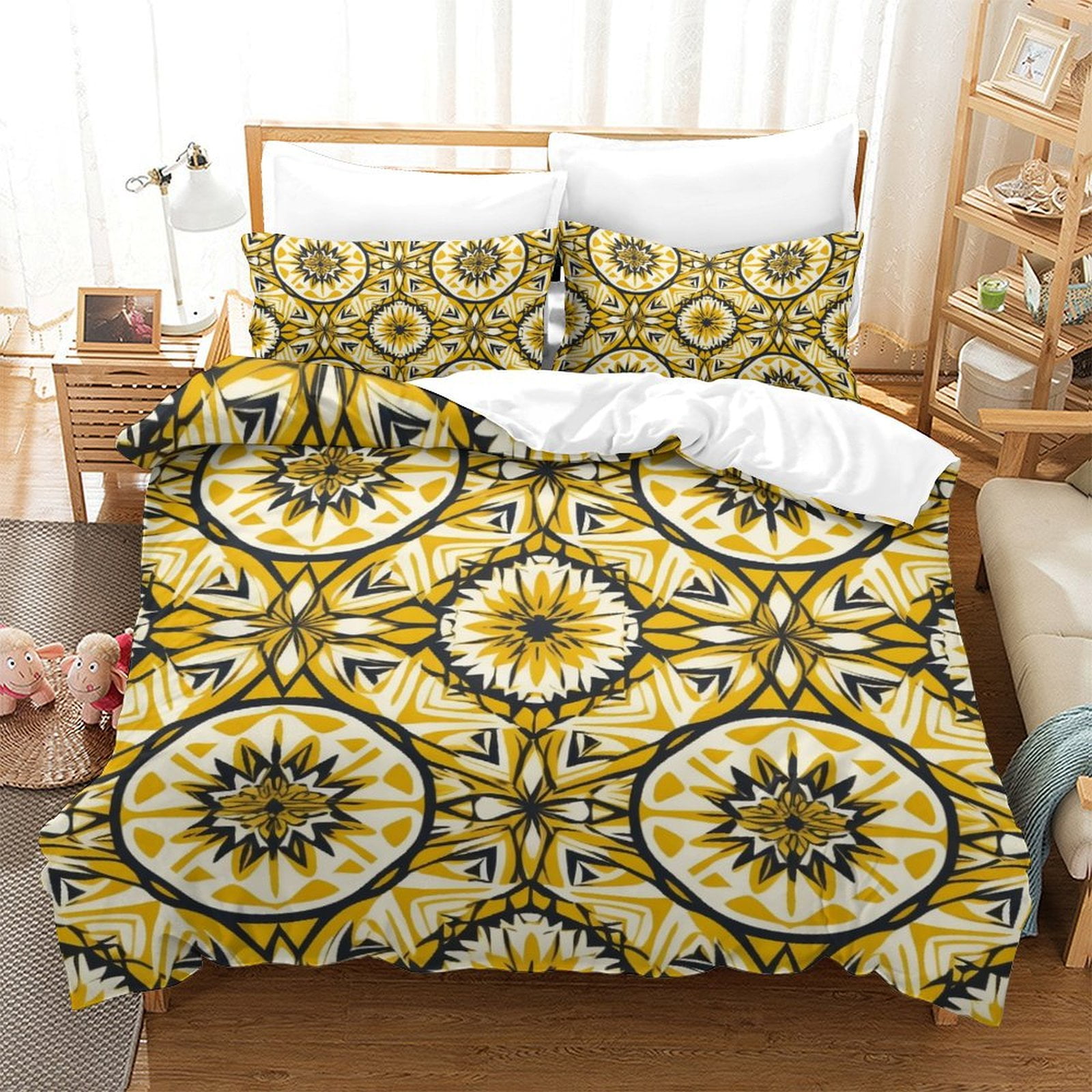 Bohemian Bedding Set Yellow and Pink Abstract Flower Printed Duvet ...