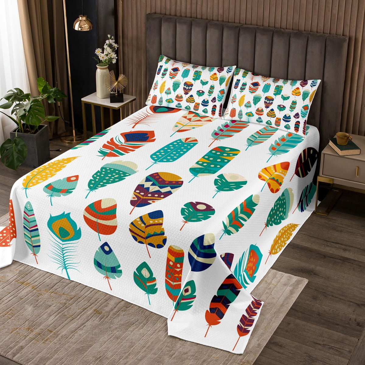 Bohemian Bedspread Set Tribe Feather Coverlet Set,Watercolor Boho Decor ...