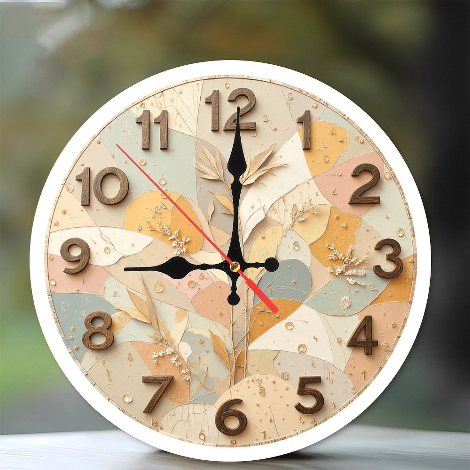 Bohemian Beige Abstract Wall Clock Dried Flowers Decor 10-Inch Silent ...