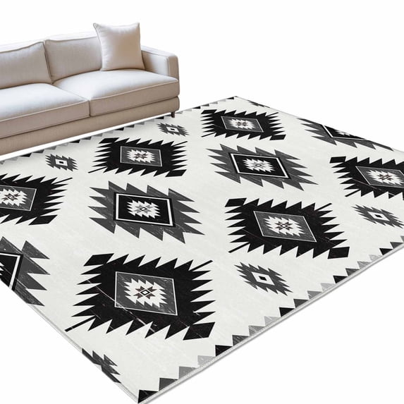 Bohemian Black Area Rug, Gray Aztec Ethnic Style Geometric Country Non ...