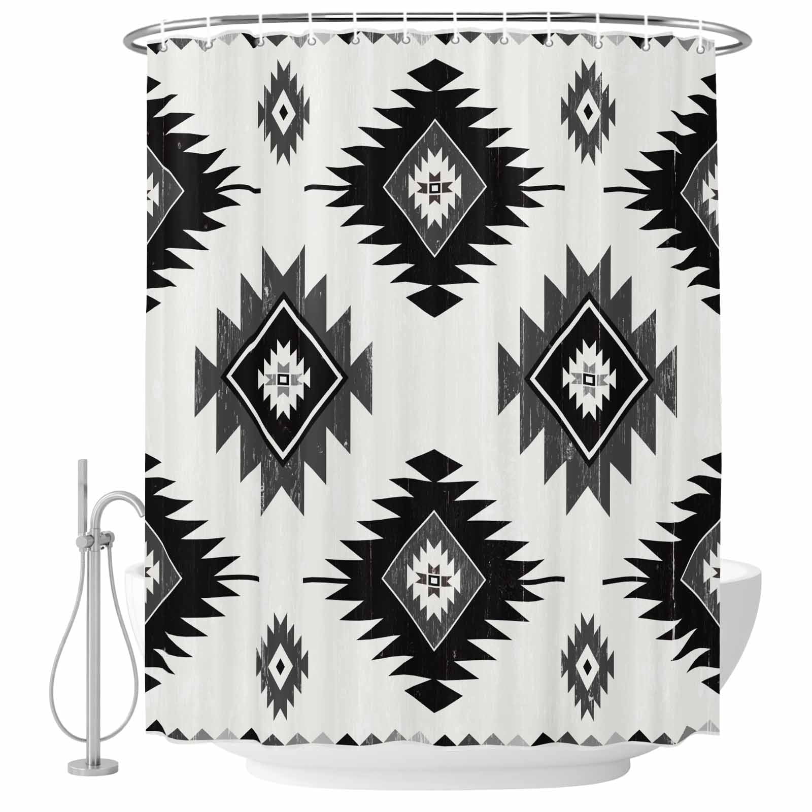 Bohemian Black Bathroom Shower Curtains with Hooks, Gray Aztec Ethnic ...