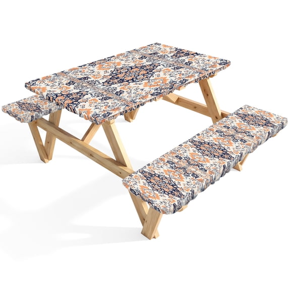Bohemian Black Picnic Table Cover with Bench Covers Orange Floral ...