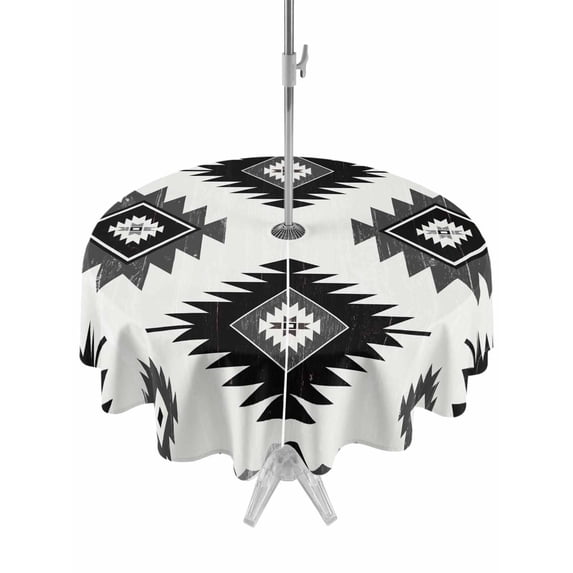 Bohemian Black Round Outdoor Tablecloth with Umbrella Hole Gray Aztec ...