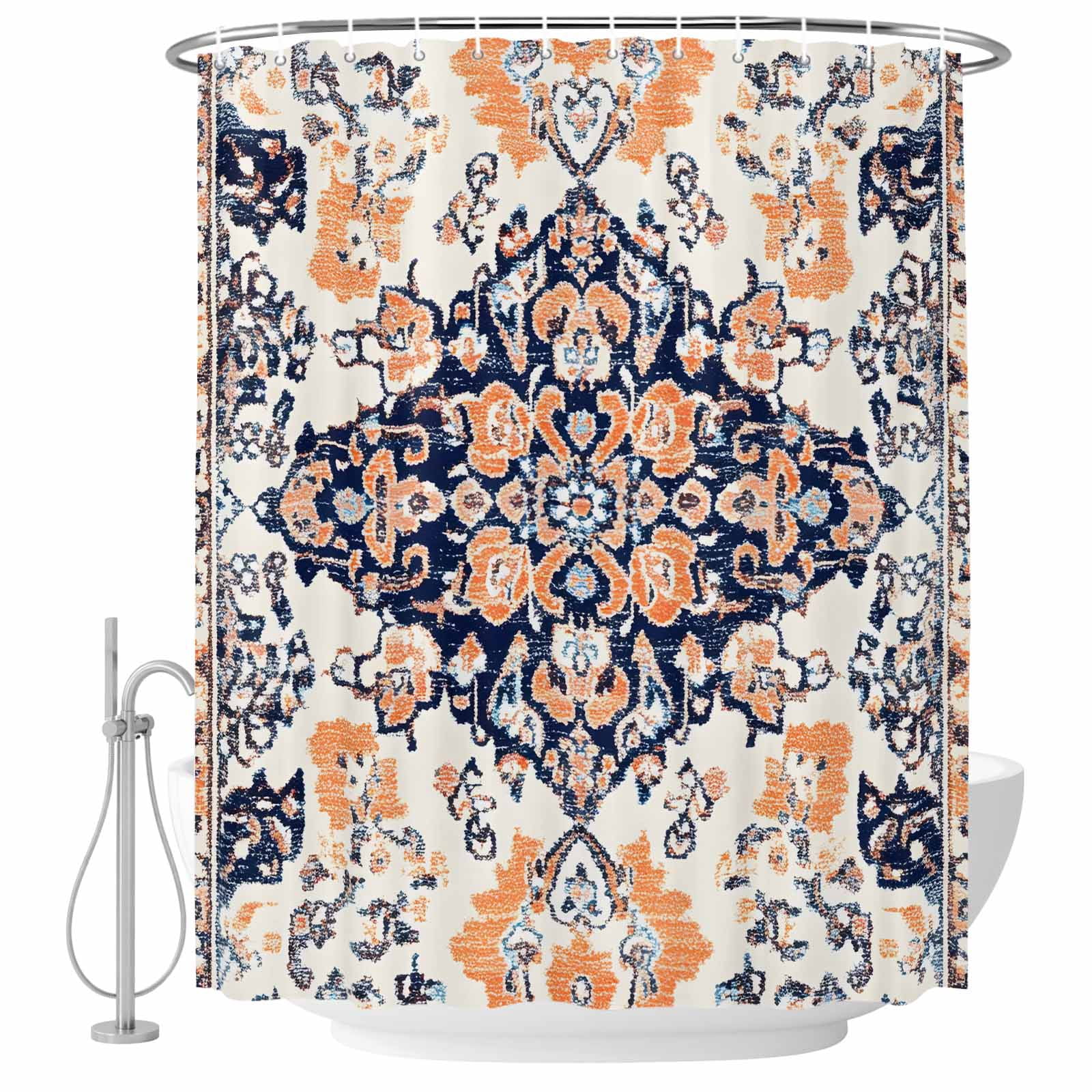 Bohemian Black Shower Curtain for Bathroom, Orange Floral Geometric ...