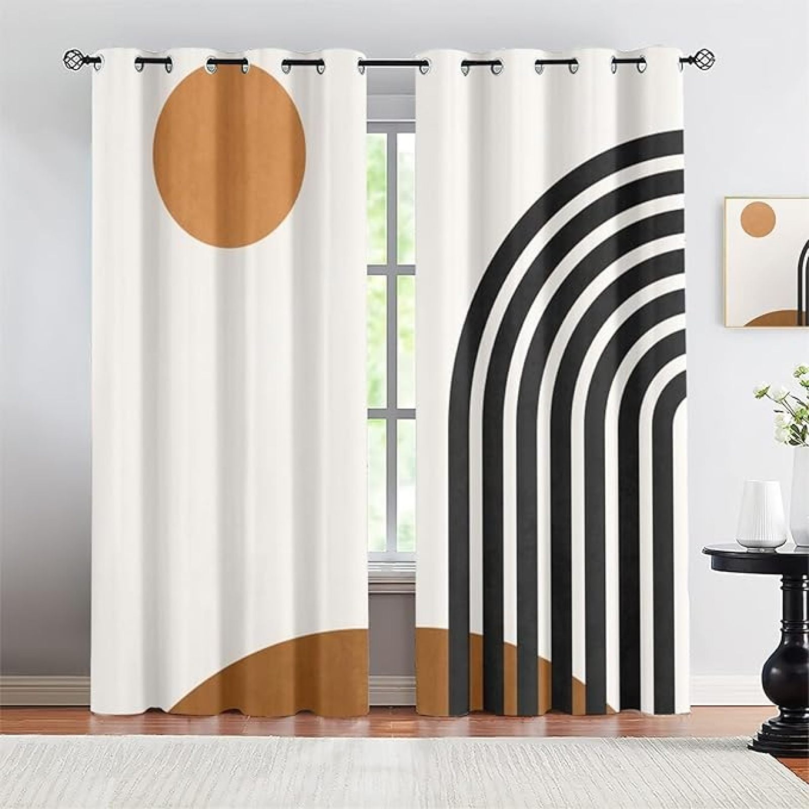 Bohemian Black Stripes Blackout Curtains, Brown Medieval Geometry 3D ...