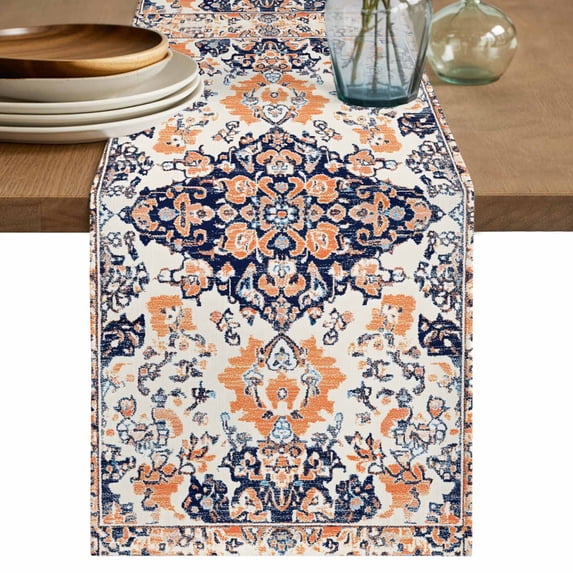 Bohemian Black Table Runner, Orange Floral Geometric Texture Ethnic Art ...