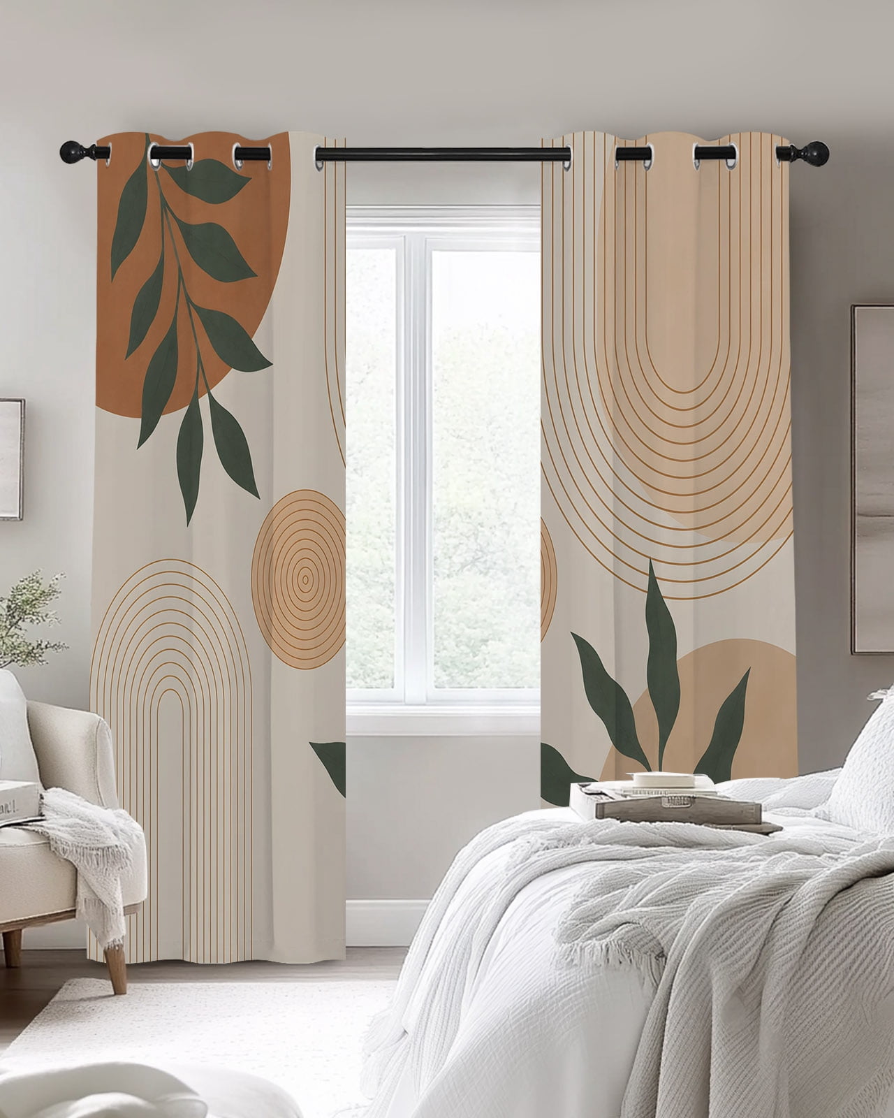 Bohemian Blackout Curtains 2 Panels, Abstract Green Leaf Beige Lines ...