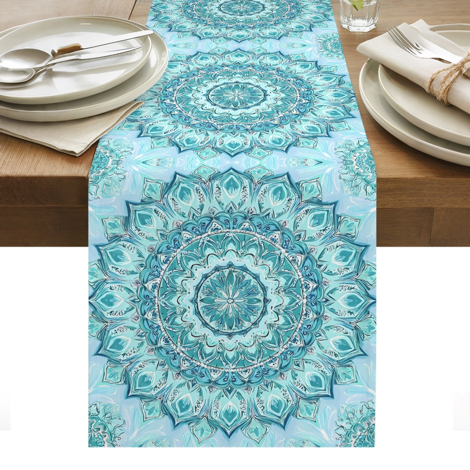 Bohemian Blooming Flower Cotton Linen Table Runner Teal Green Floral ...