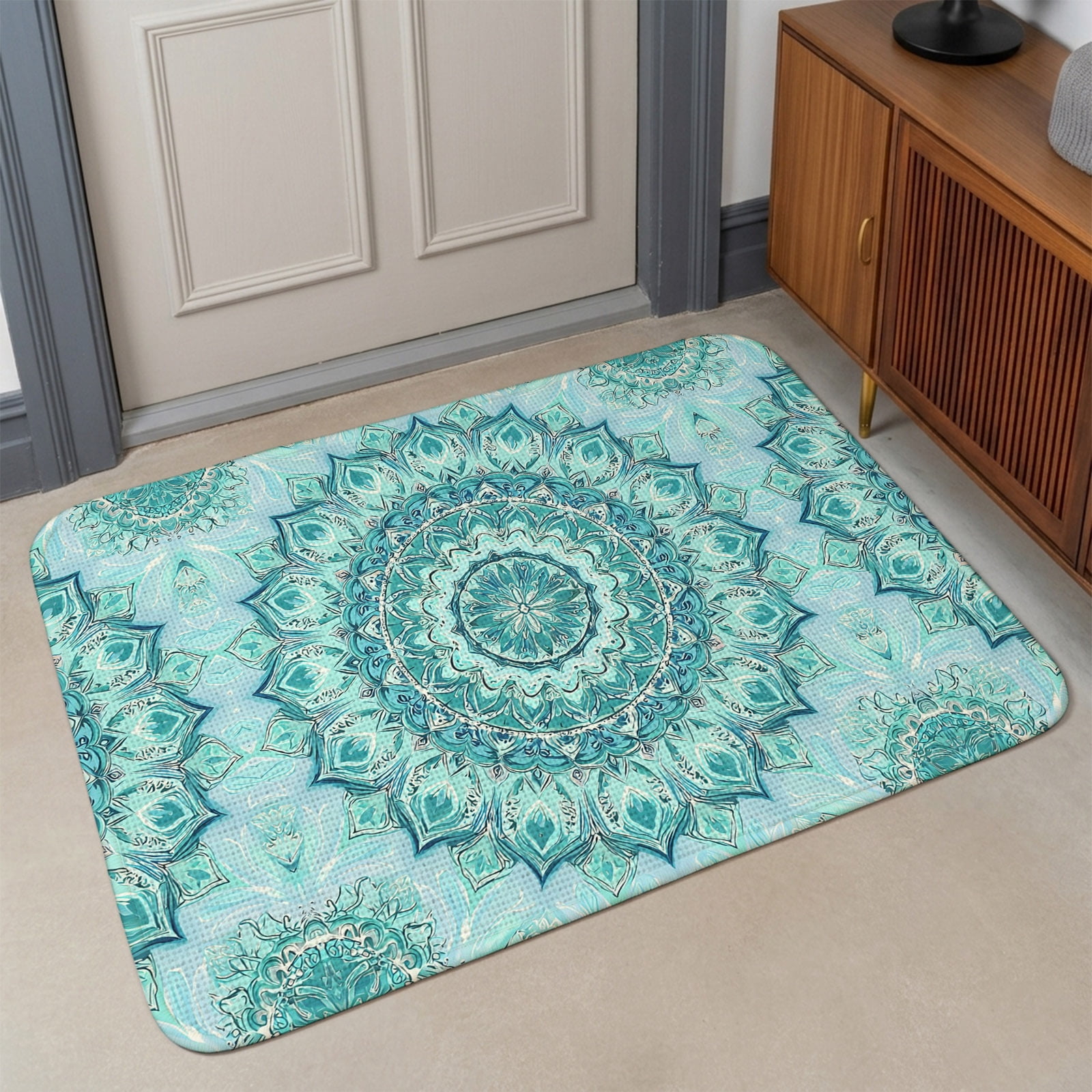Bohemian Blooming Flower Front Door Mat Indoor Entrance, Teal Green ...