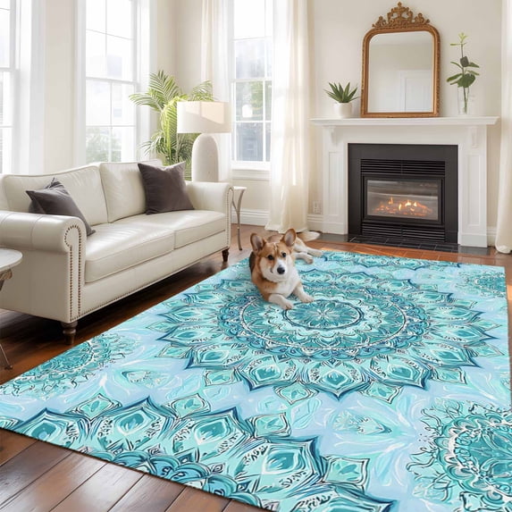 Bohemian Blooming Flower Washable Area Rug 5x8 Teal Green Floral ...