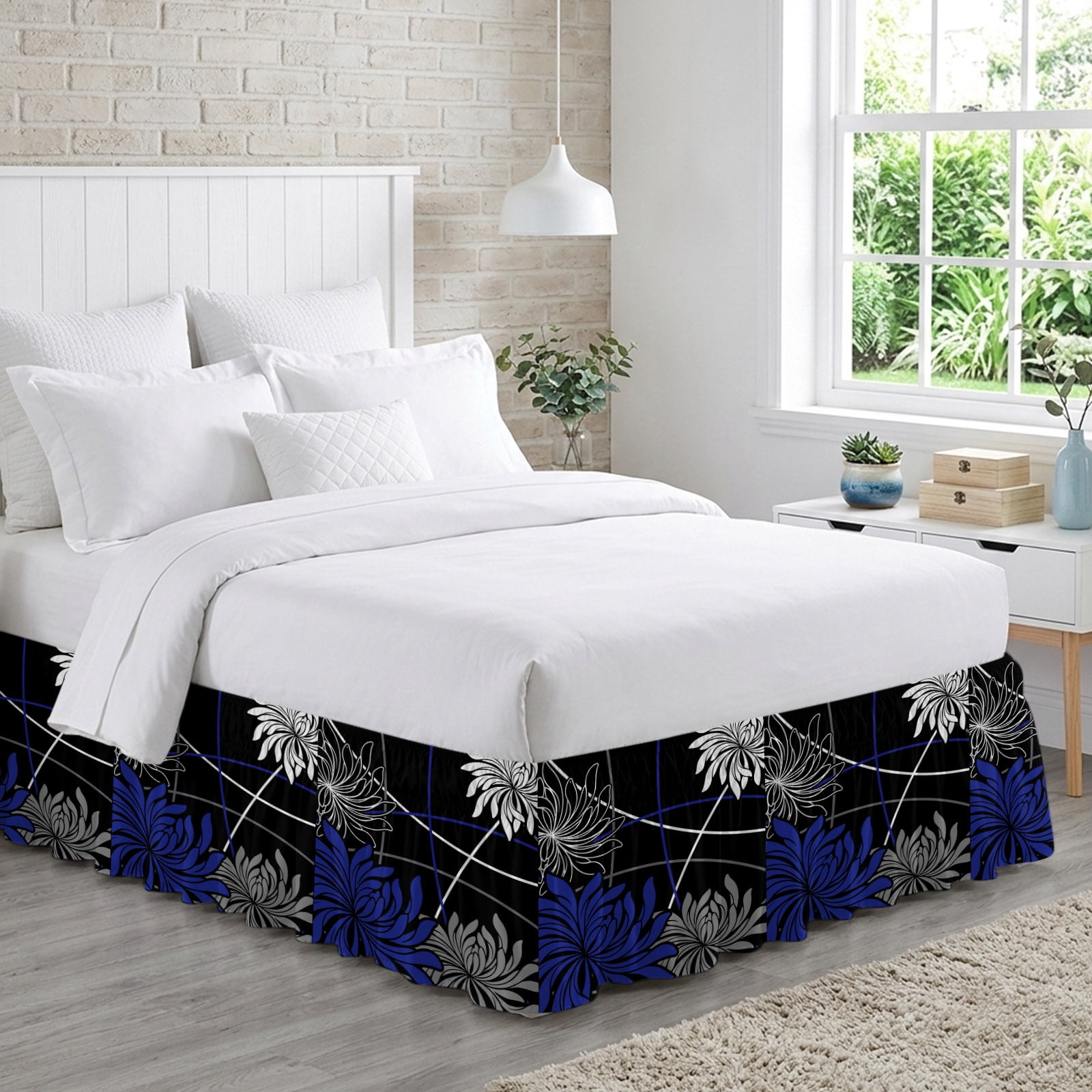 Bohemian Blue Floral Bed Skirt King Size 16 Inch Drop, Modern Artistic ...
