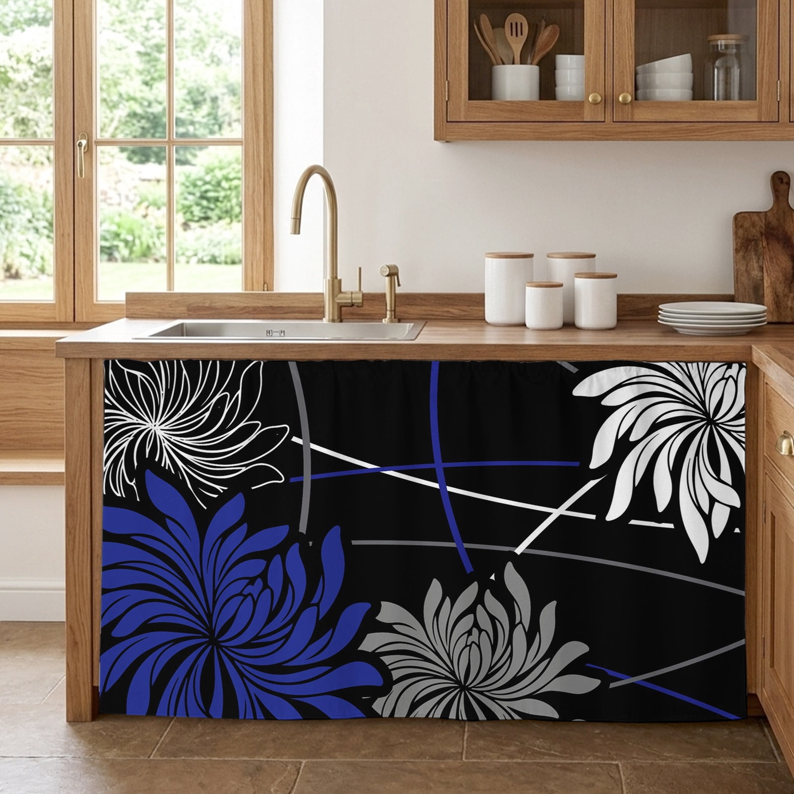 Bohemian Blue Floral Cabinet Curtains 28"Wx51"L, Modern Artistic Grey ...