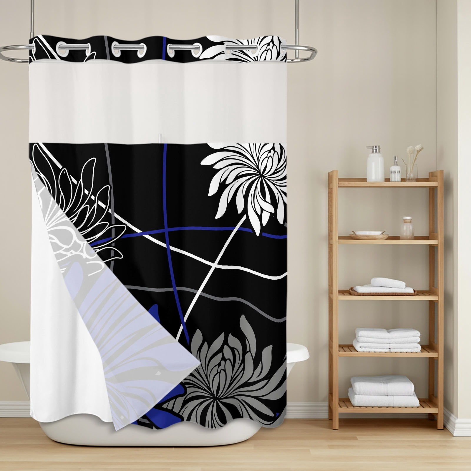 Bohemian Blue Floral No Hook Shower Curtain with Snap in Liner, Modern ...
