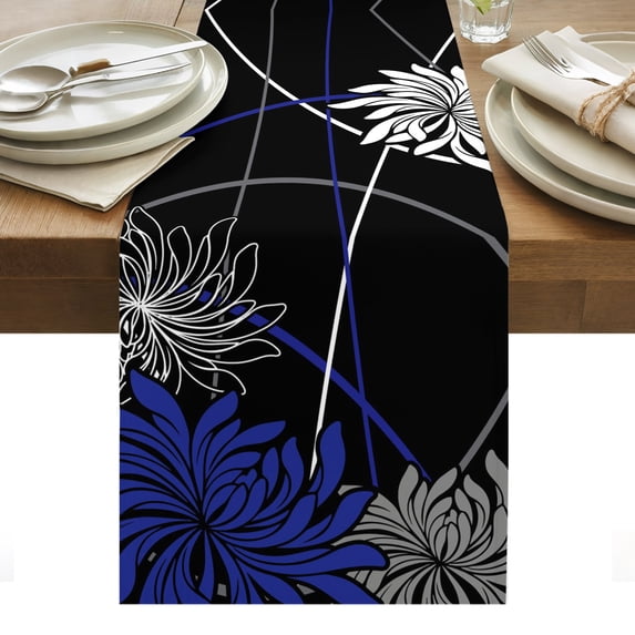 Bohemian Blue Floral Table Runner, Modern Artistic Grey White Flowers ...