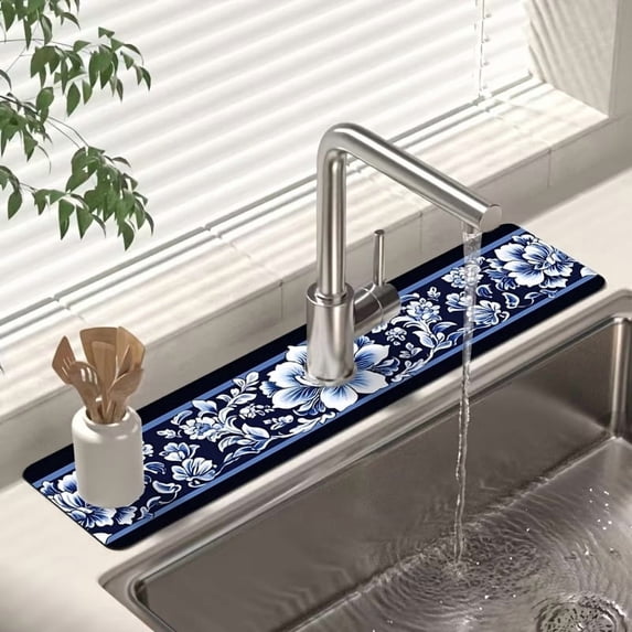 Bohemian Blue-White Floral Moisture-Proof Mat for Kitchen and Bathroom ...