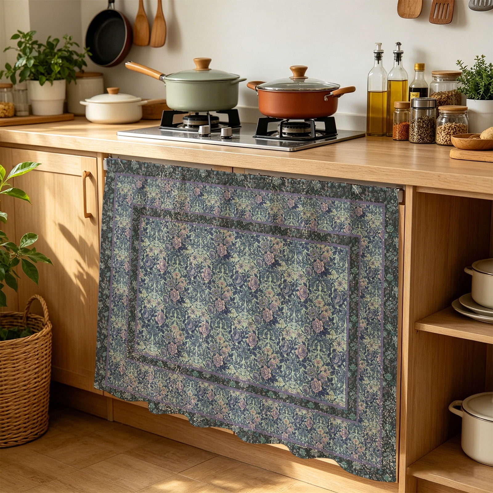 Bohemian Cabinet Curtains 35" W x 35" L Green Vintage Flowers Texture ...