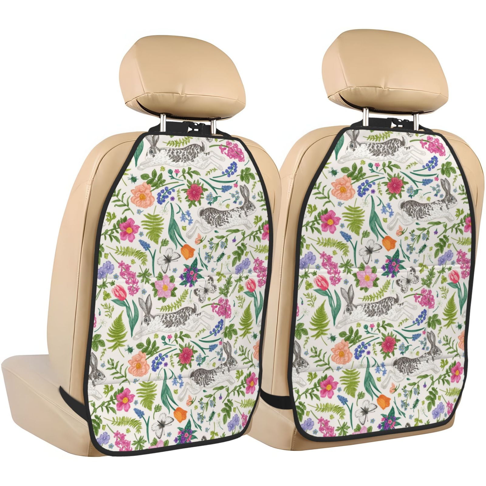Bohemian Cartoon Rabbit Flower Backseat Car Organizer, 2 Pack Kick Mats ...