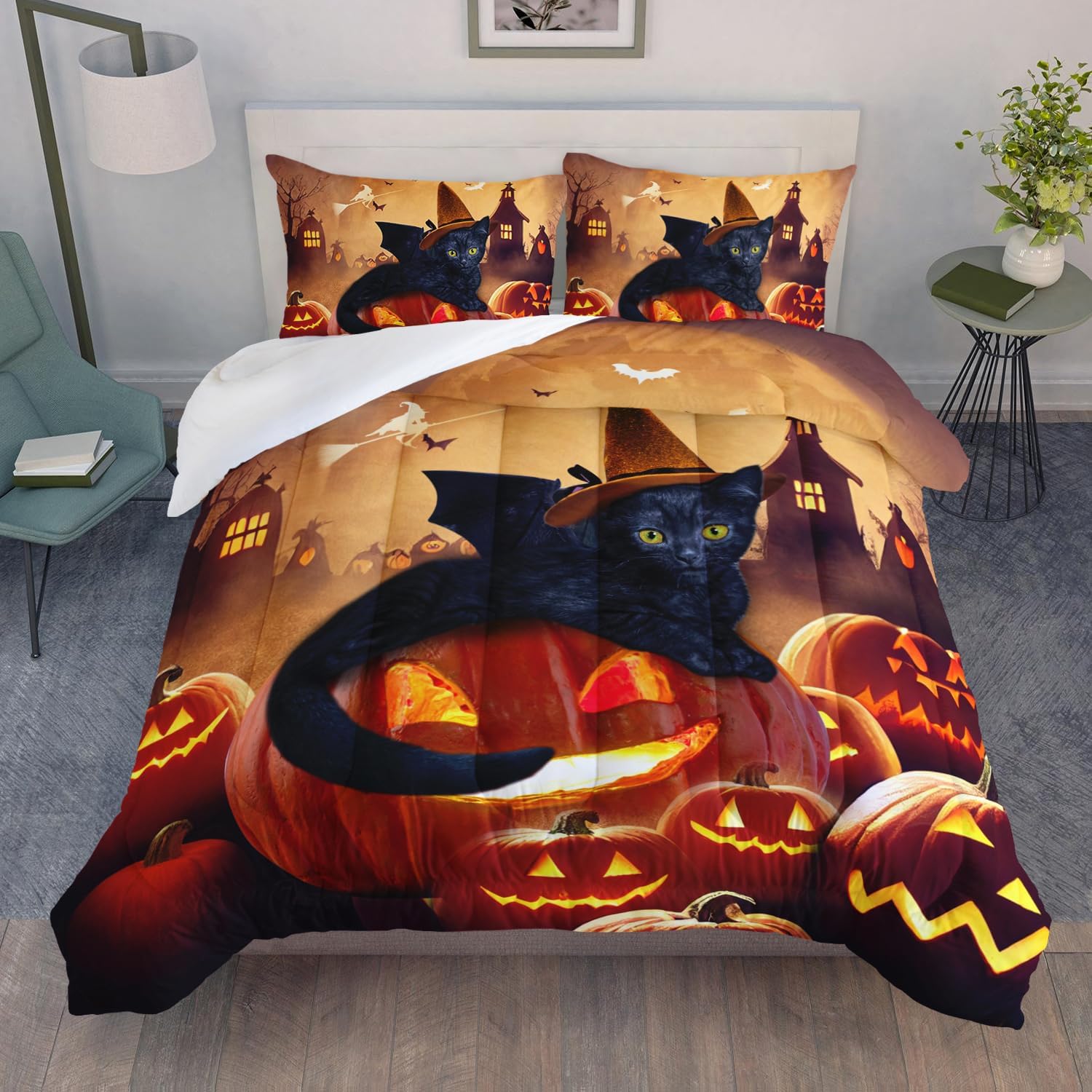 Bohemian Cat Comforter Set Size Blue Black Texture Cat Bedding Set Boho ...