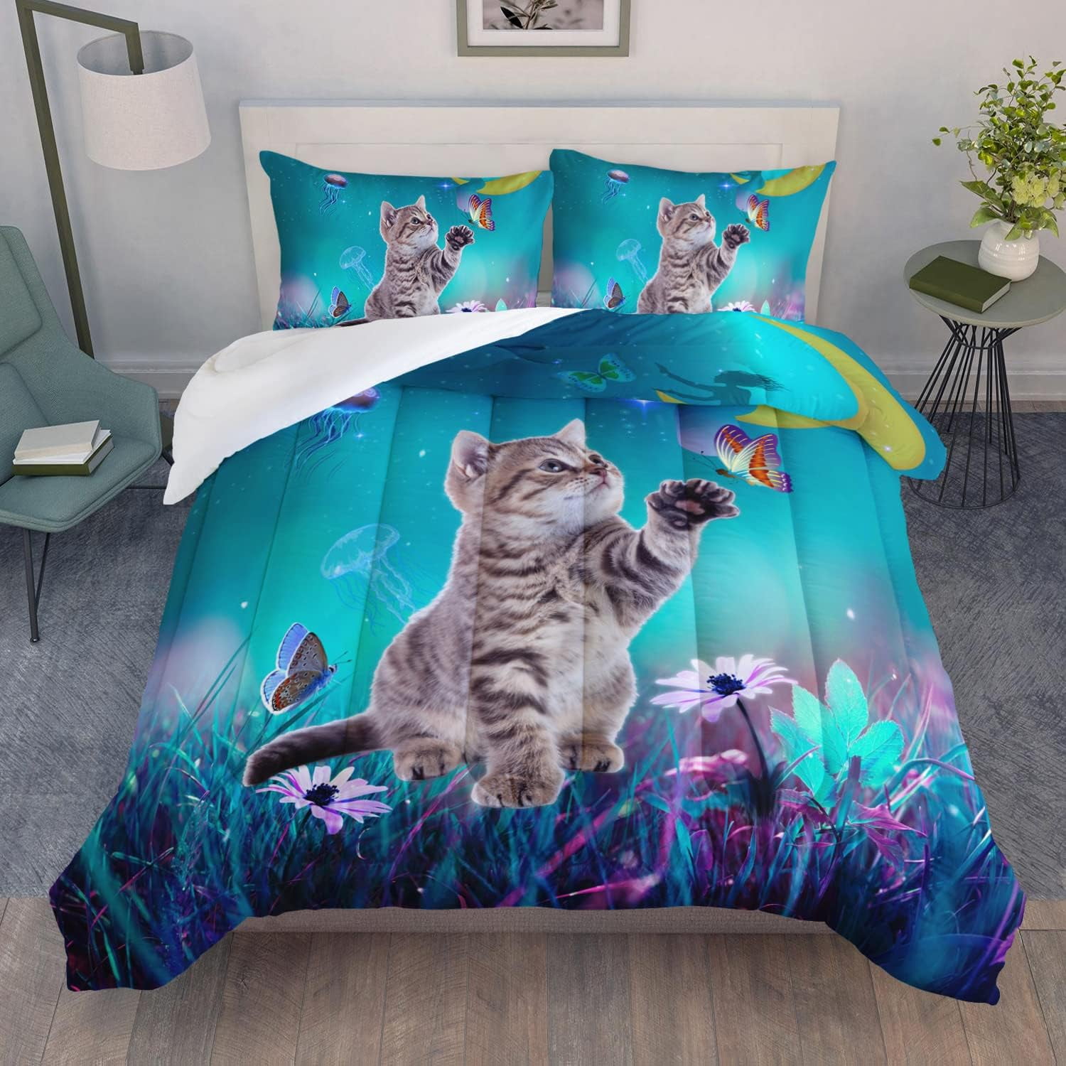 Bohemian Cat Comforter Set Size Blue Black Texture Cat Bedding Set Boho ...