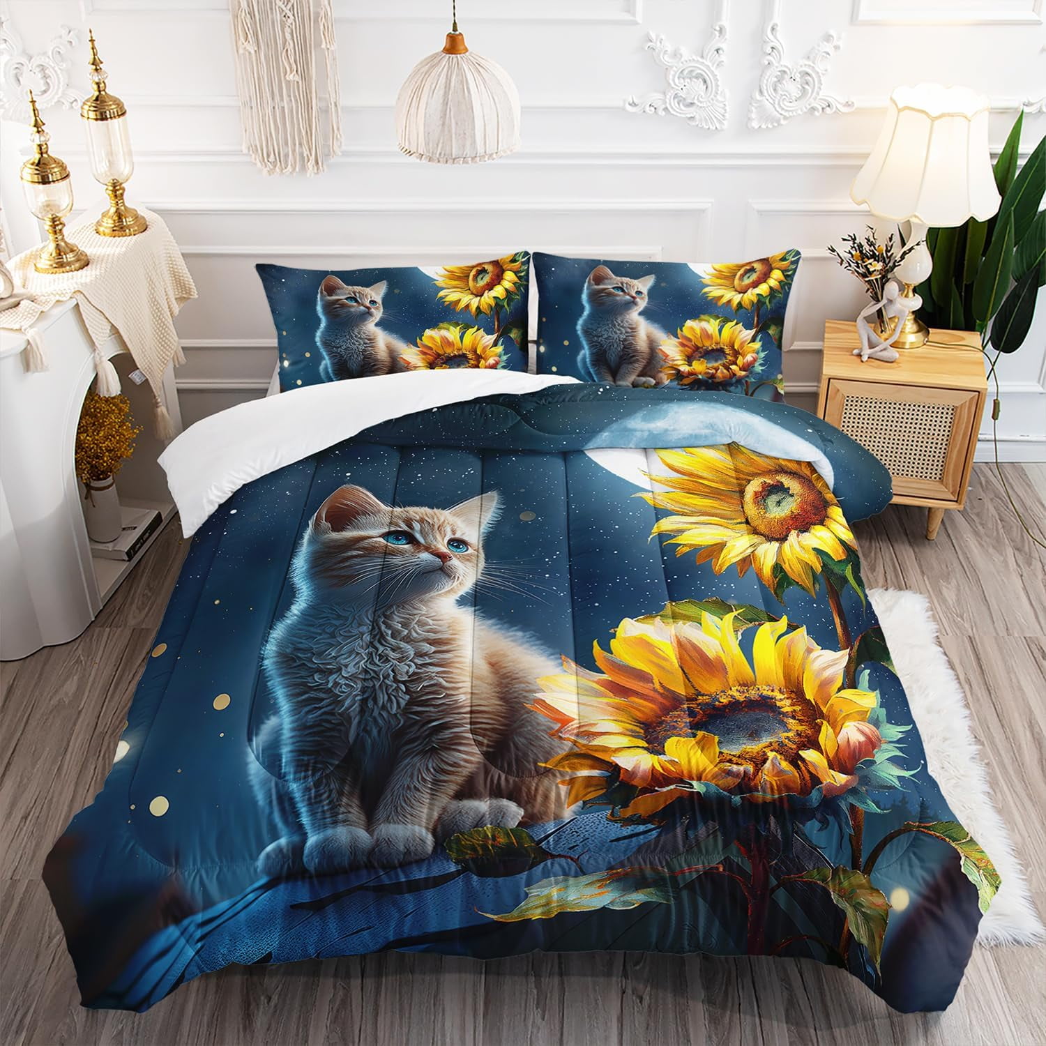 Bohemian Cat Comforter Set Size Blue Black Texture Cat Bedding Set Boho ...