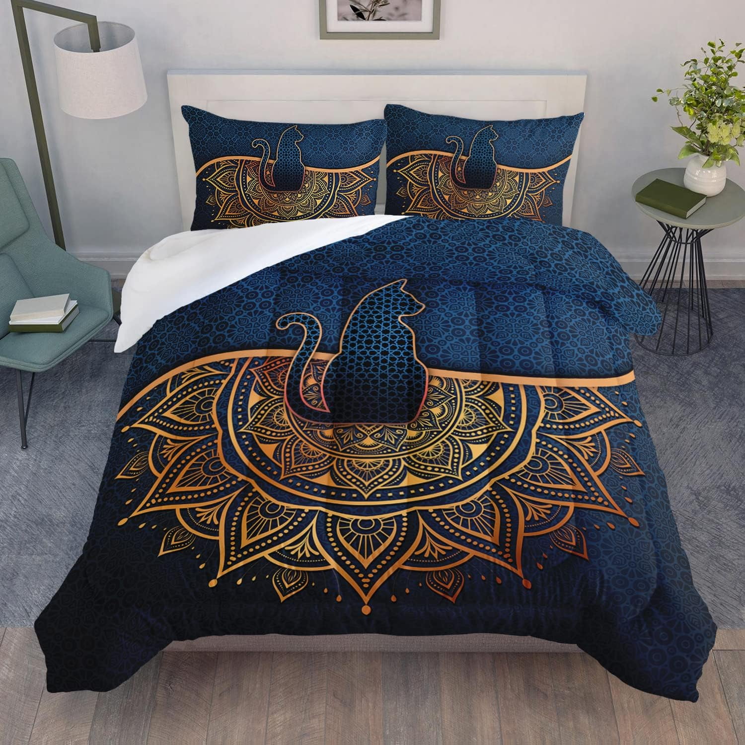 Bohemian Cat Comforter Set Size Blue Black Texture Cat Bedding Set Boho ...