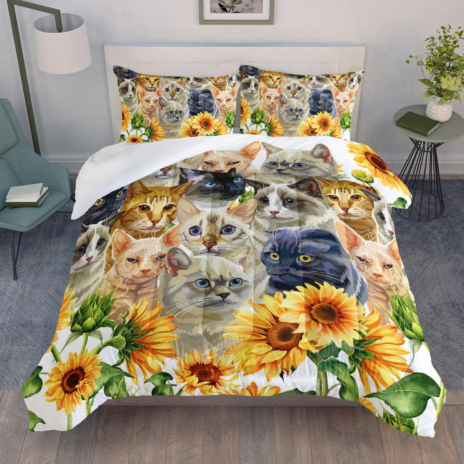 Bohemian Cat Comforter Set Size Blue Black Texture Cat Bedding Set Boho ...