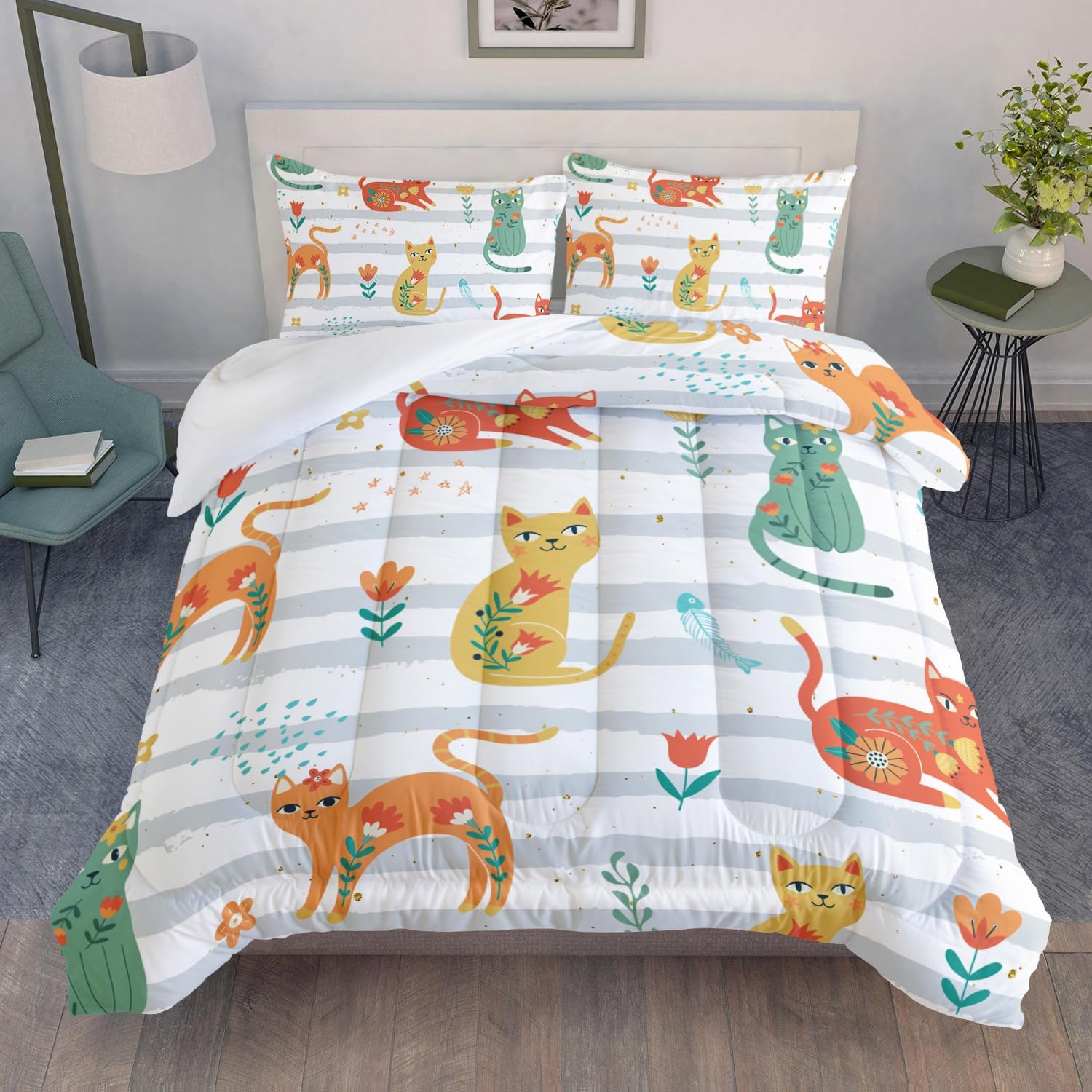 Bohemian Cat Comforter Set Size Blue Black Texture Cat Bedding Set Boho ...