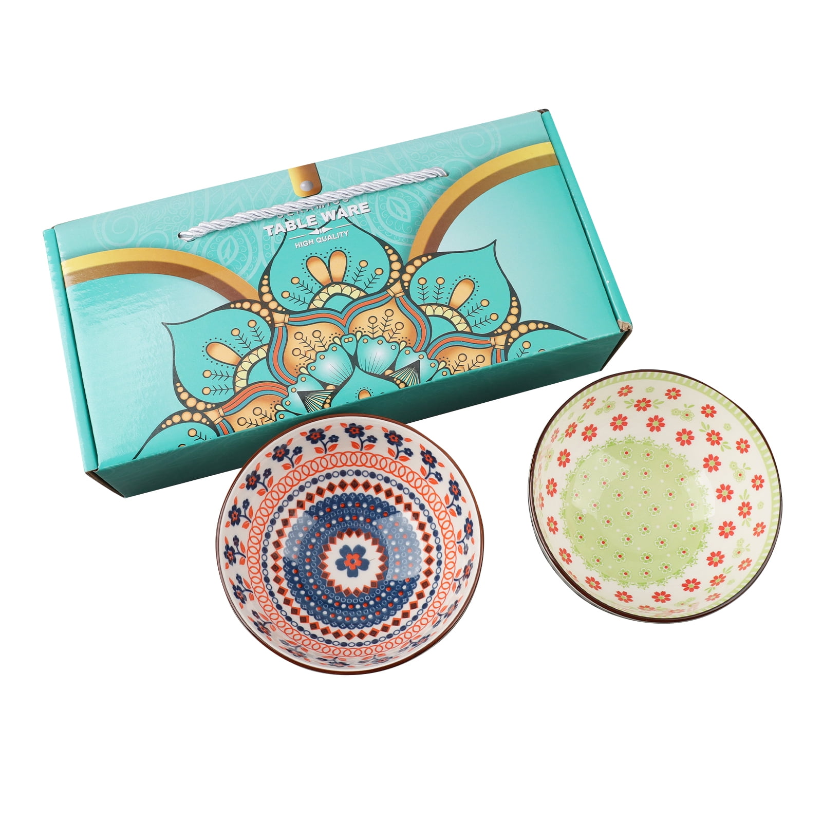 Bohemian Ceramic Bowls Set of 2, Green Floral Pattern Microwave Safe ...