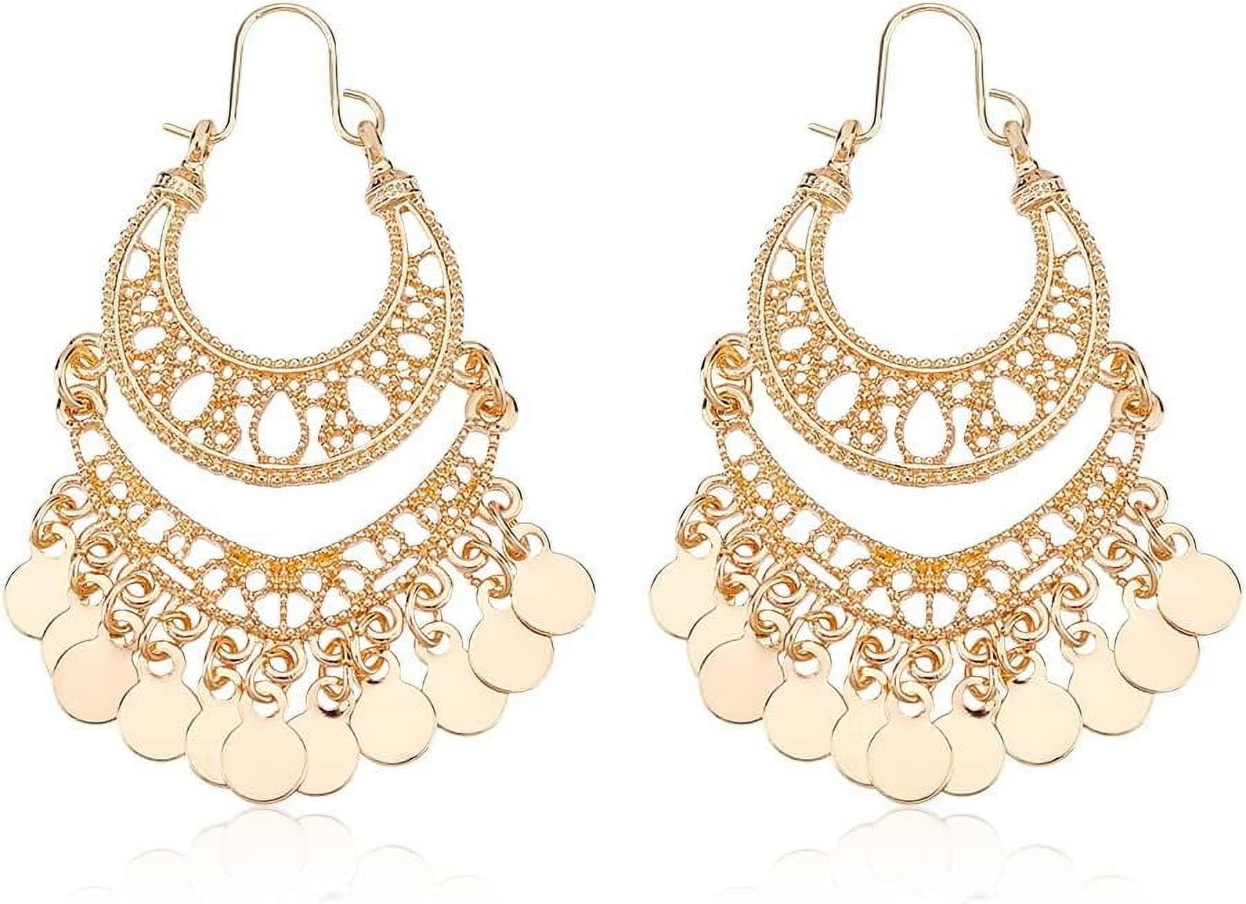 Bohemian Chandelier Drop Dangle Earrings Disc Dangle Hoop Earrings Gold Alloy Filigree Earrings ...