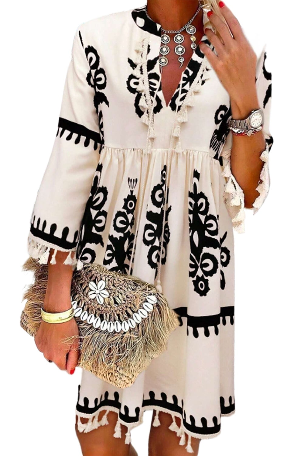 Bohemian Chic Mini Dress - Beige Western Print with Tassel Edge ...