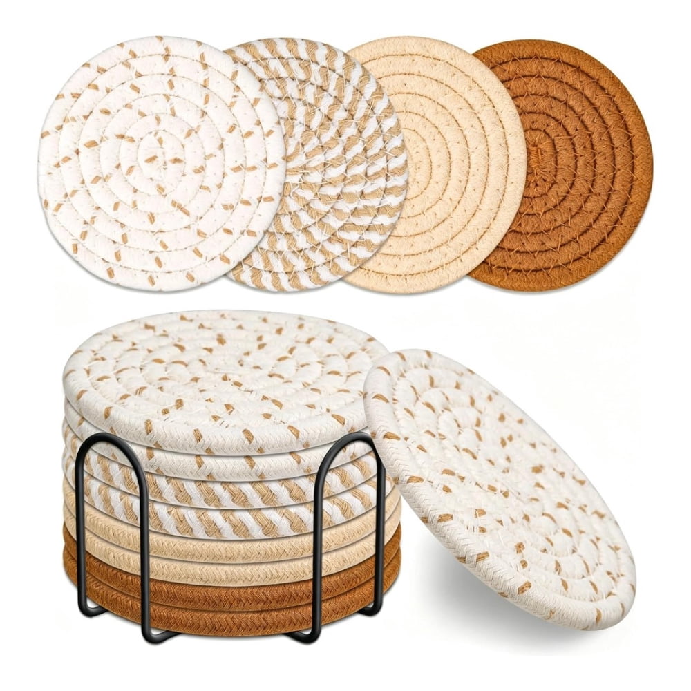 Bohemian Coaster Set with Holder, Absorbent Cotton Woven Drink Coasters ...