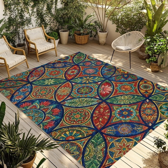 Bohemian Colorful Floral Outdoor Rug, Boho Tribal Ethnic Abstract ...